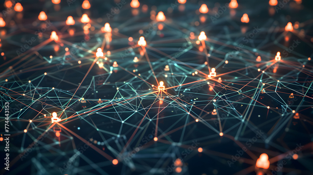 A digital map featuring interconnected location pins, symbolizing ...