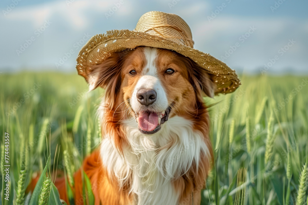 Foto de Happy Australian Shepherd wearing a straw hat in a green wheat ...