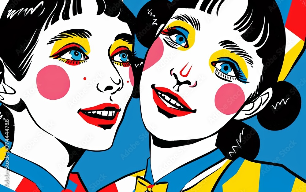 Two female faces close-up with smiles on their faces. The scene is ...