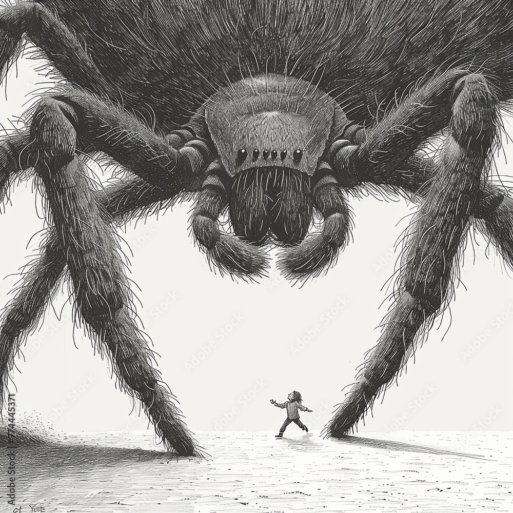 The black-and-white drawing shows a scary giant spider from which a man ...
