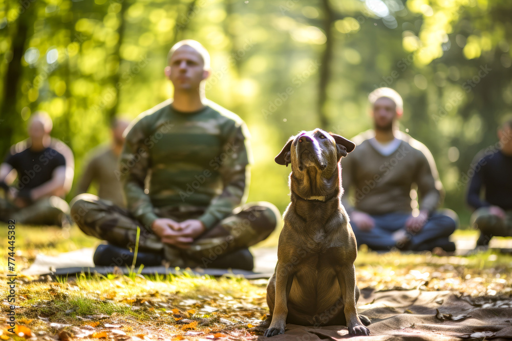 Group of men soldiers meditation in nature for stress reduction, loyal ...