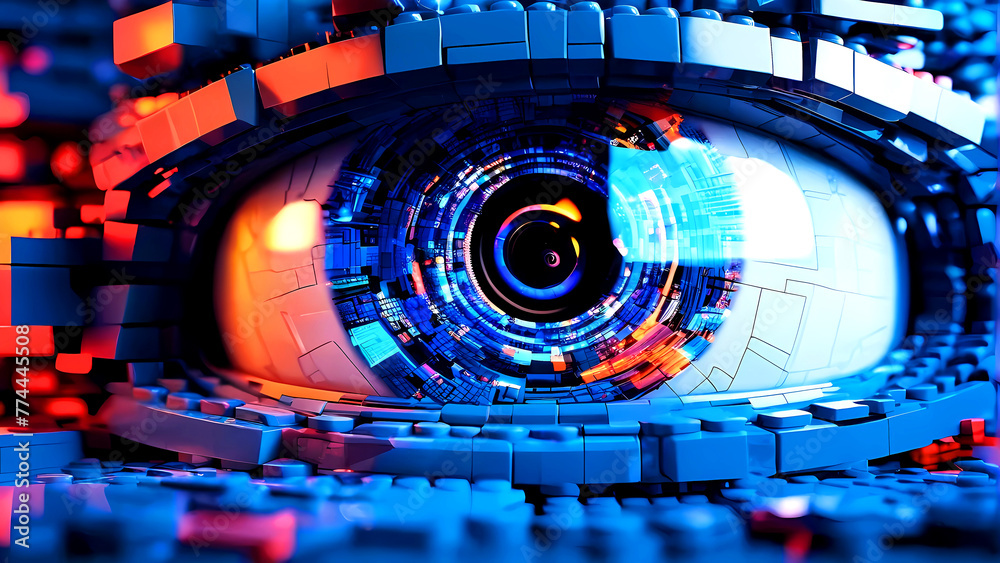 A detailed close-up of a blue and red eye, digitally rendered with ...