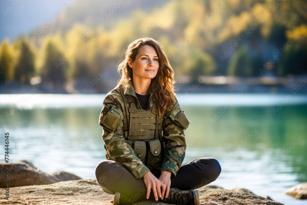 Positive female soldier sits lakeside, embodying stillness, engages in ...