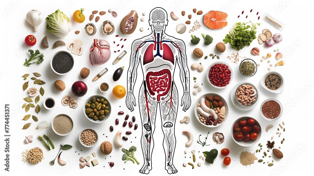 A collage showing human organs and healthy foods on a white background ...