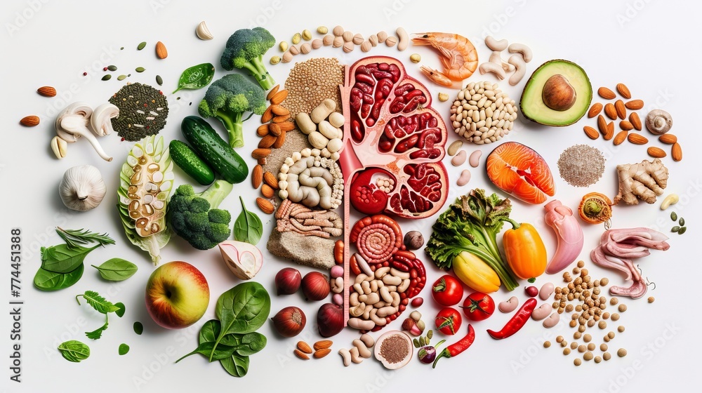 A collage showing human organs and healthy foods on a white background ...