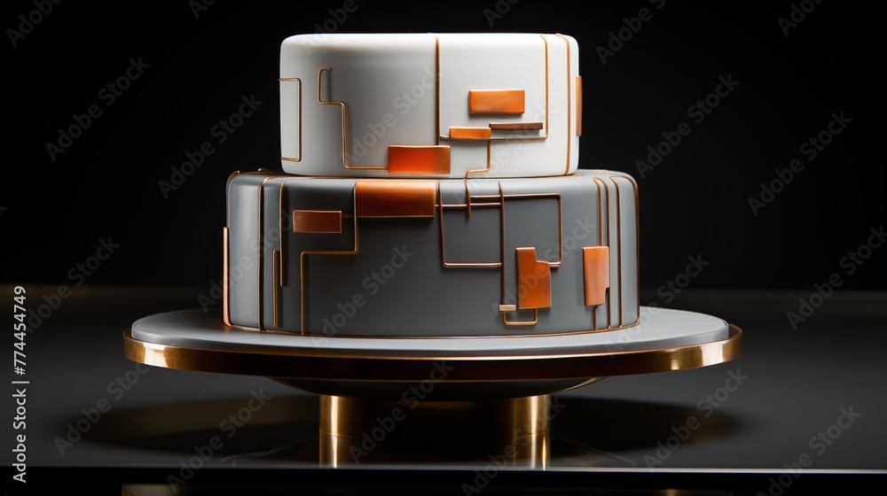 Geometric cake with clean lines and metallic accents, featuring a ...