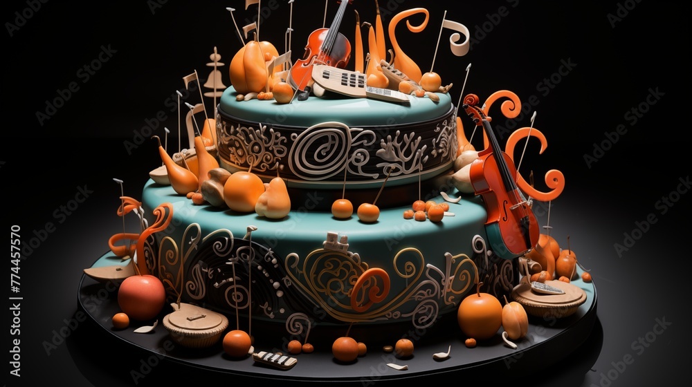Music-themed cake decorated with musical notes and instruments ...