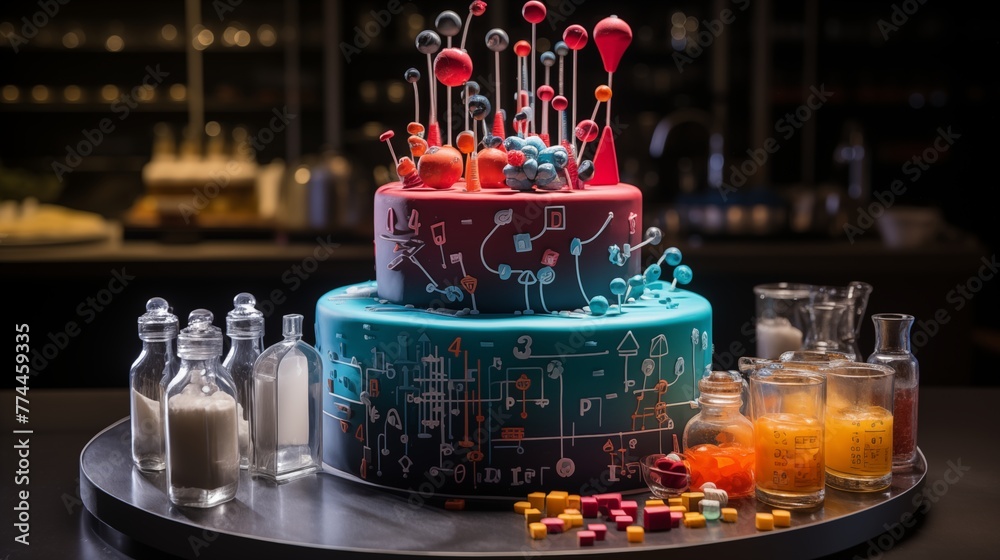 Science-themed cake decorated with sugar beakers, flasks, and edible ...