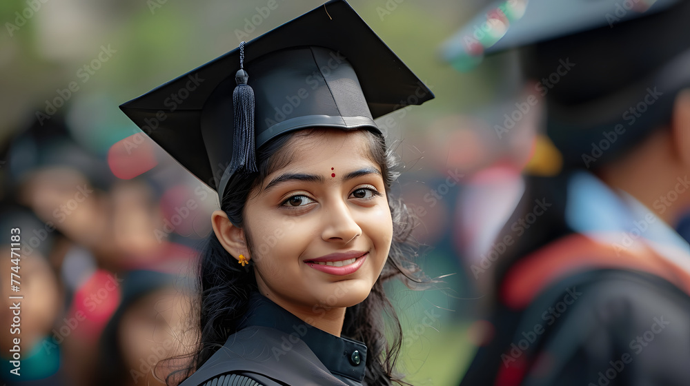 Hindu student girl in a black graduation gown and cap with other ...