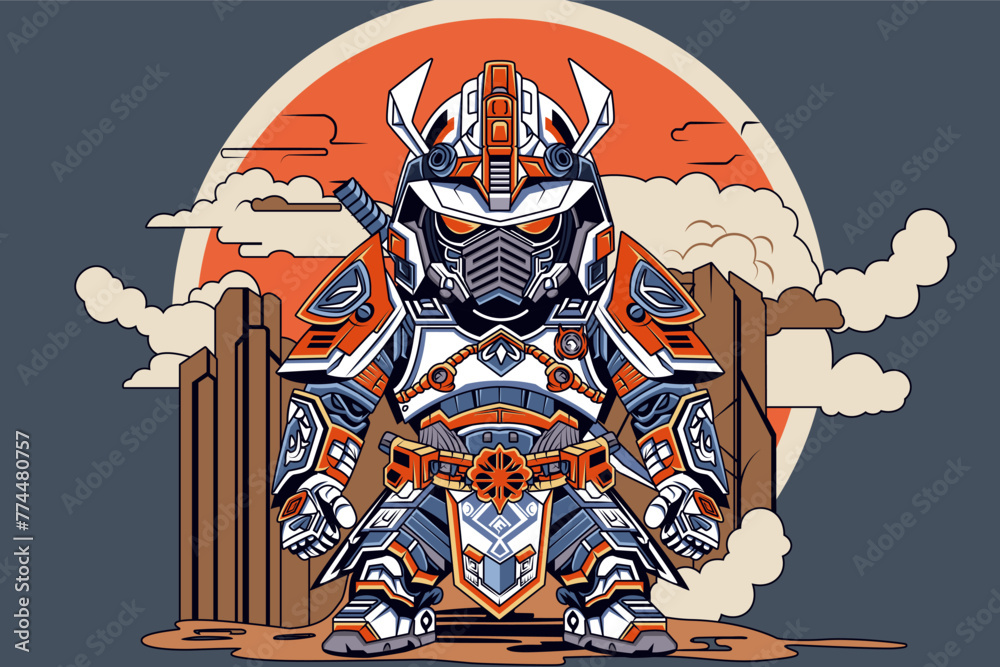 Mech samurai with sword. Cool poster of Japanese samurai robot cartoon ...