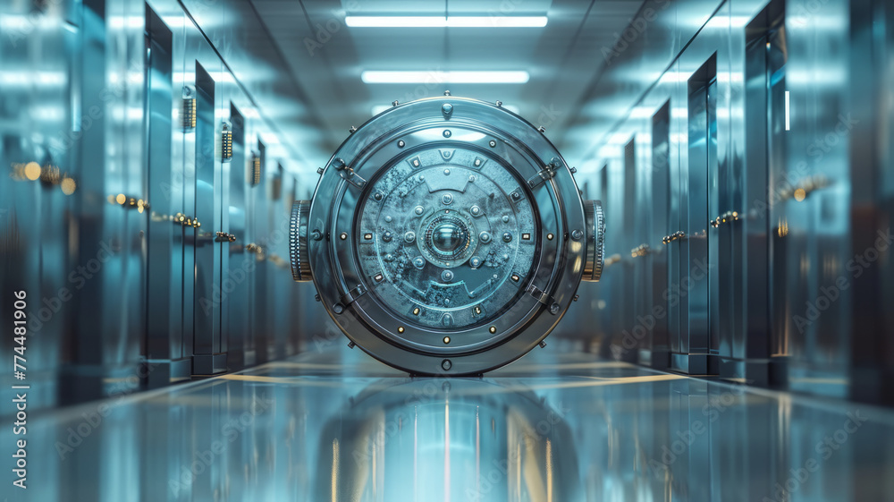 straight on view of a high tech closed locked bank vault, symmetry ...