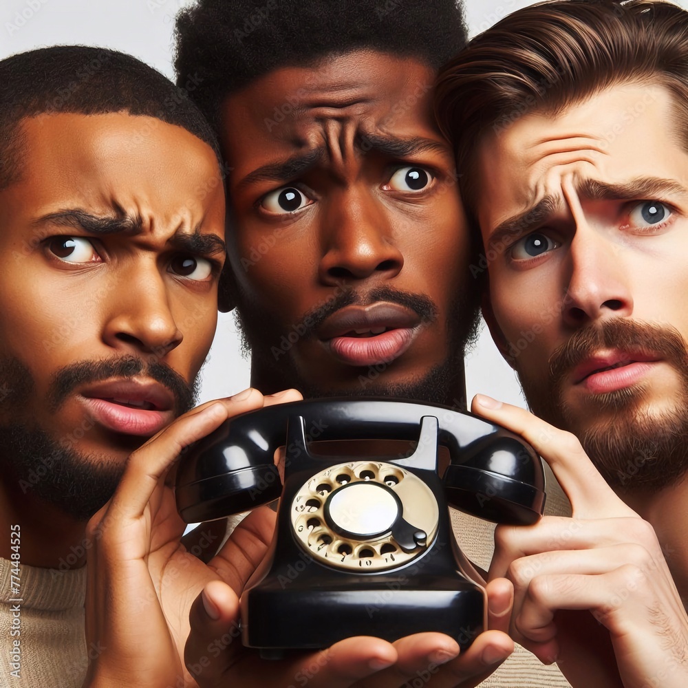 Three puzzled men are standing and staring at an antiquated rotary ...