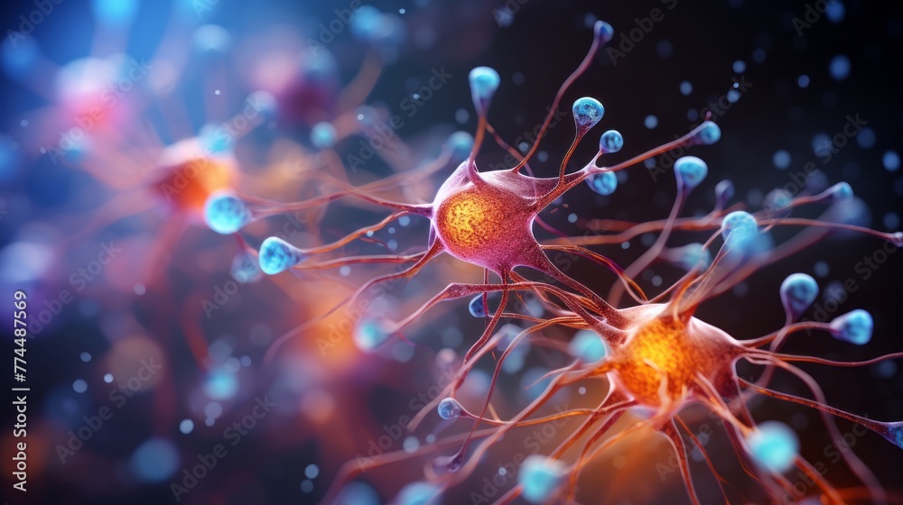 Neural network with electrical activity of neuron cells, 3D rendering ...