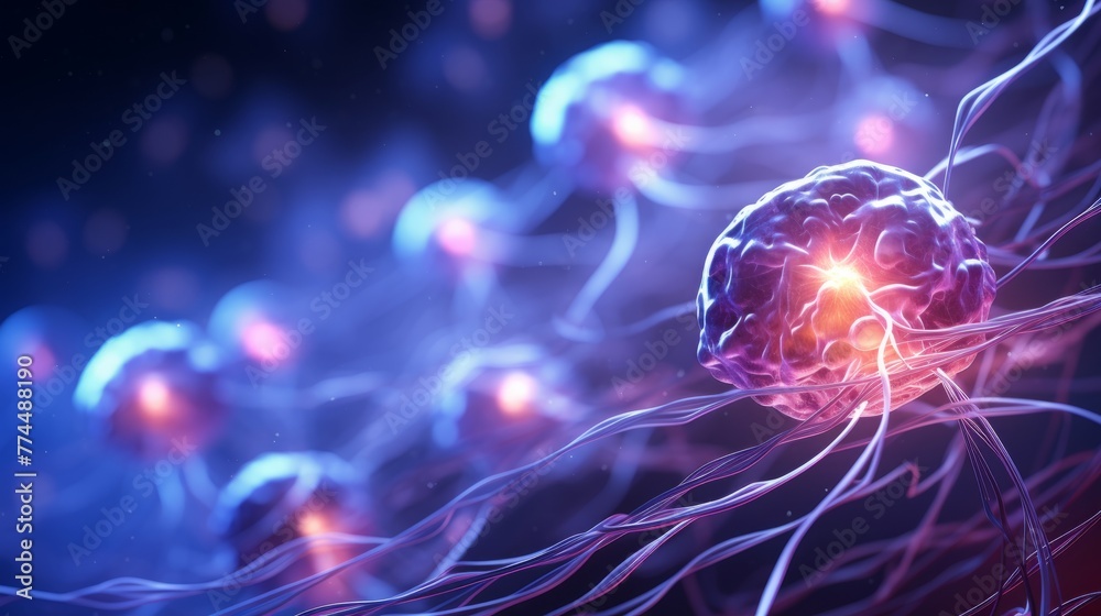 Neural network with electrical activity of neuron cells, 3D rendering ...