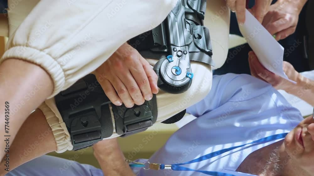 A male nurse helps to put a bondage, medical splint, knee brace on the ...