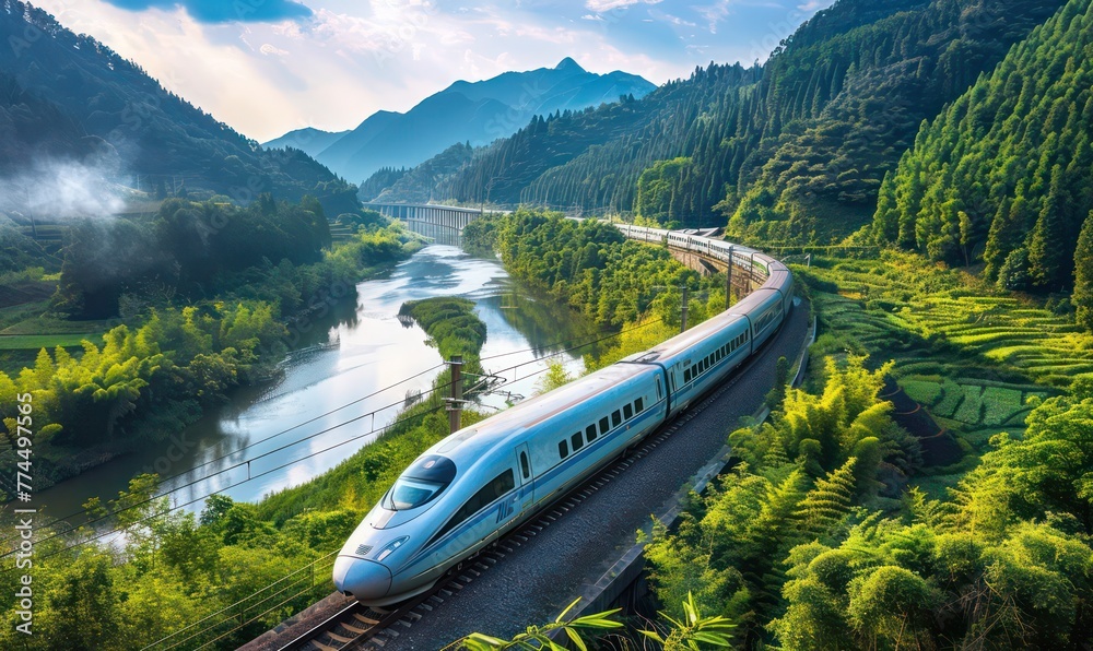 High-speed train driving through a beautiful landscape with a river and ...