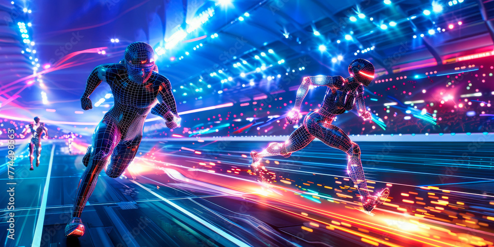 In a futuristic cyber world, neon robot sprinters dash across a digital ...