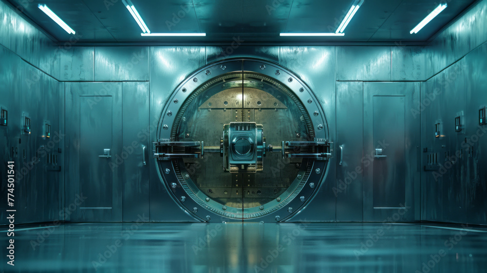 straight on view of a high tech closed locked bank vault, symmetry ...