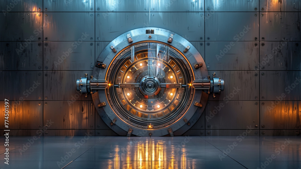 straight on view of a high tech closed locked bank vault, symmetry ...