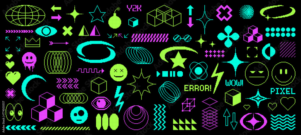 Pixel y2k groovy rave, techno and psychedelic elements. Vector set of ...