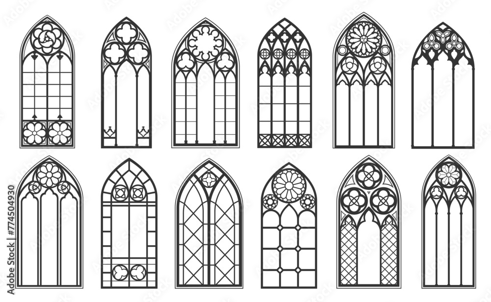 Catholic gothic church windows and medieval arch outline black ...