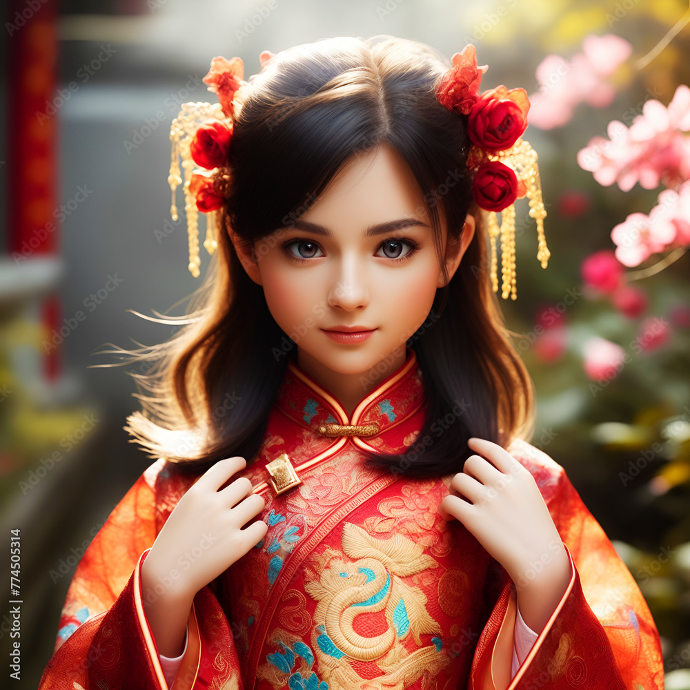 Chinese girl in red traditional dress, child model wearing China style ...