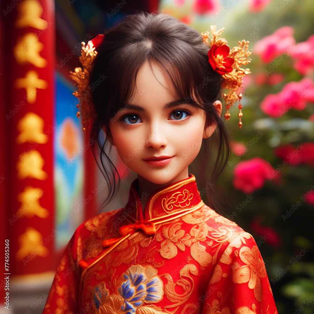 Chinese girl in red traditional dress, child model wearing China style ...
