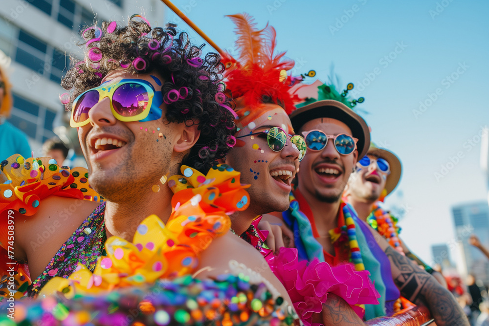 Gay men on a gay pride parade float, participating in the colorful ...