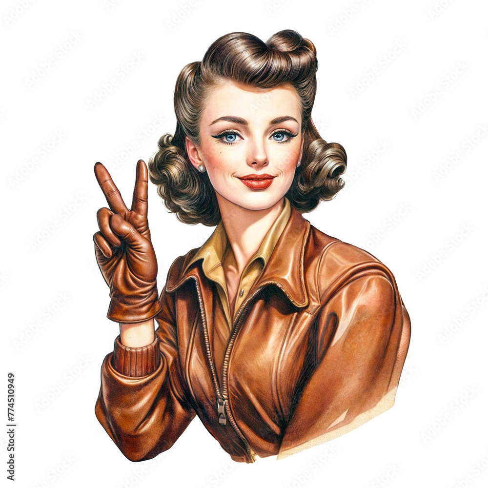 Vintage Pinup Style. Beautiful Woman in Leather Bomber Jacket Flashes ...