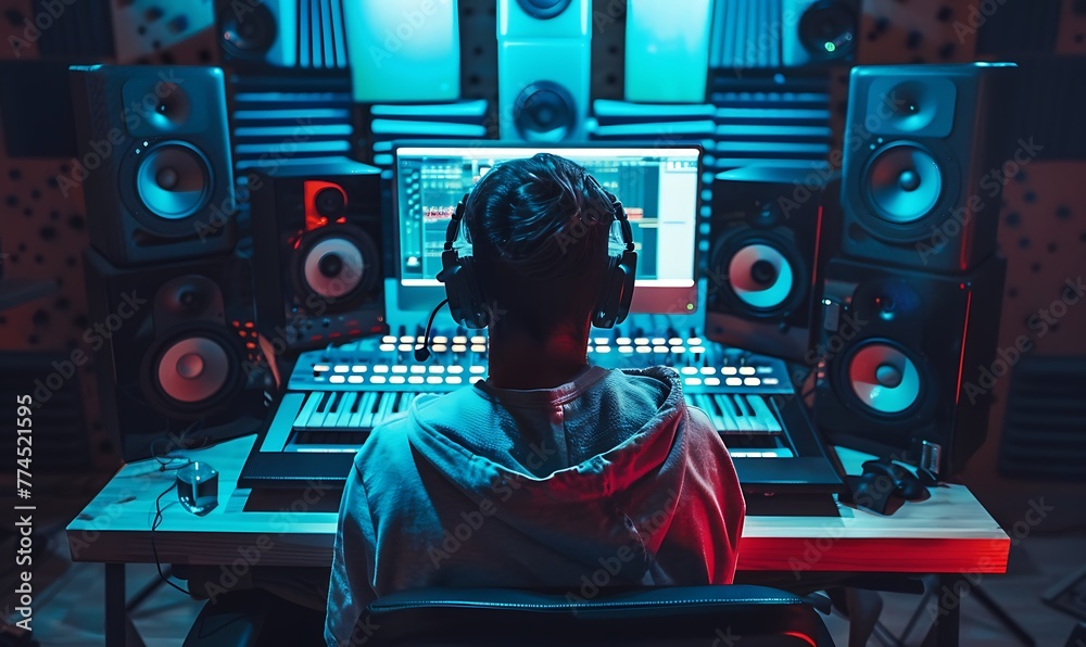 Male artist produces music in soundproof studio with computer mixing ...