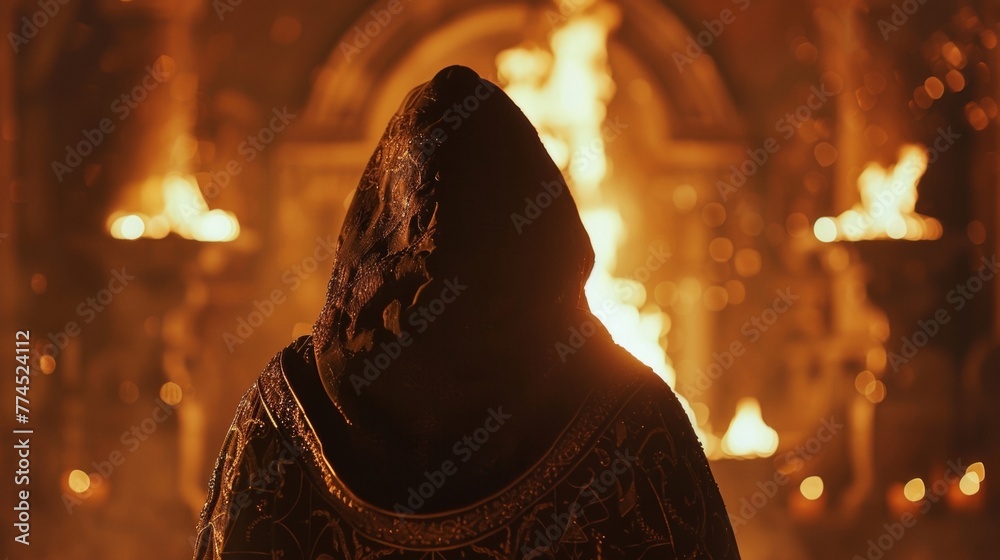 A hooded figure stands in front of a glowing fireplace back to the ...