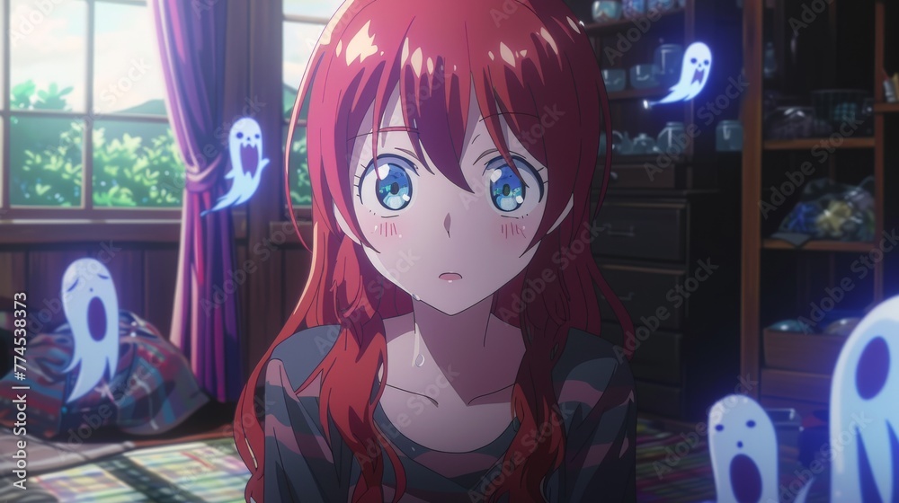 red-haired blue-eyed girl sits indoors, around her there are ghostly ...