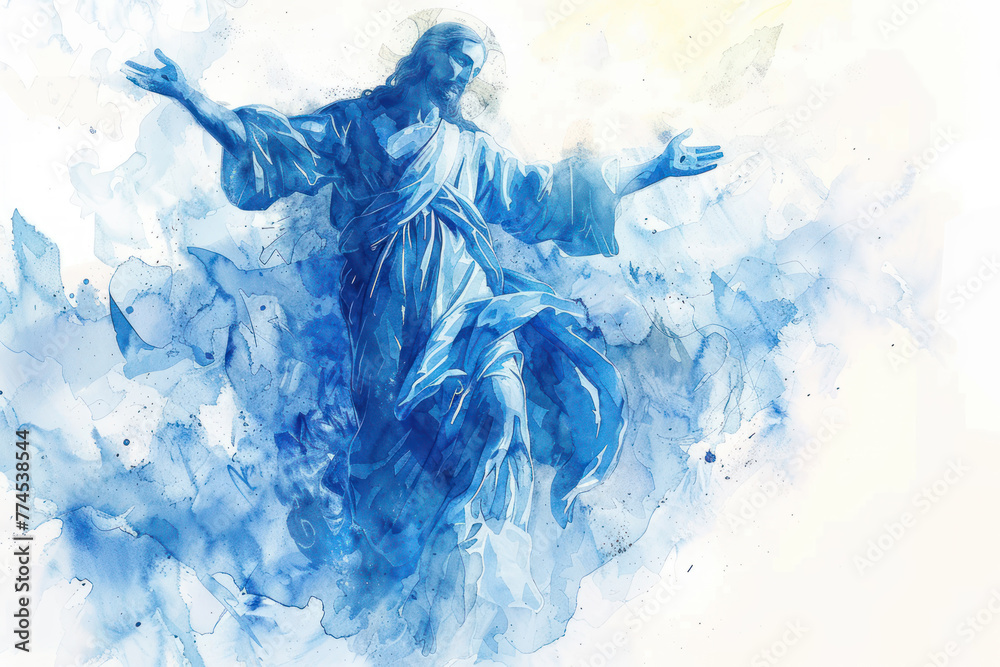 Blue watercolor of Jesus Christ ascending to heaven with glowing light ...