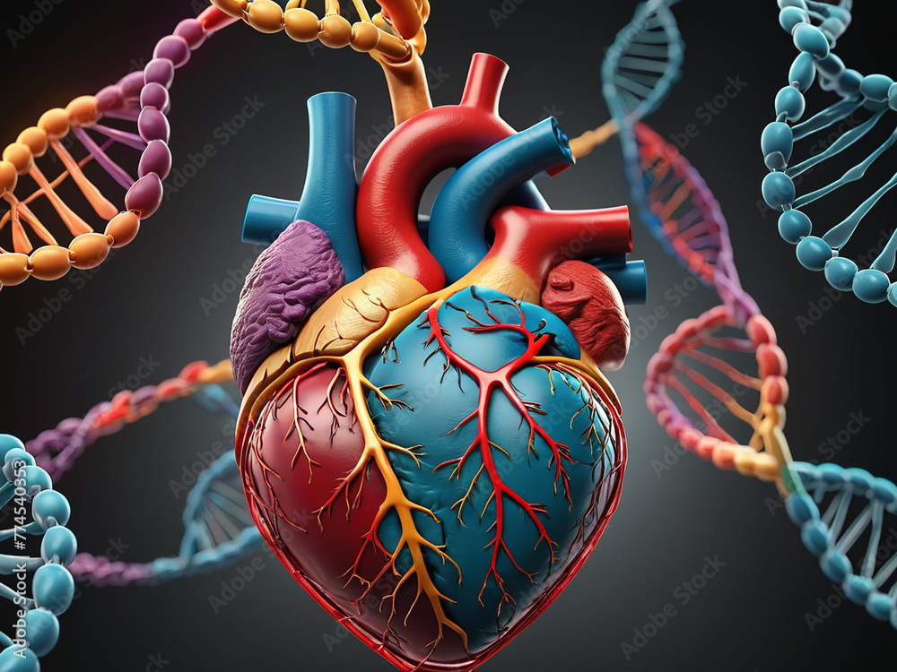 Colorful human heart with dna strand background - generated by ai Stock ...