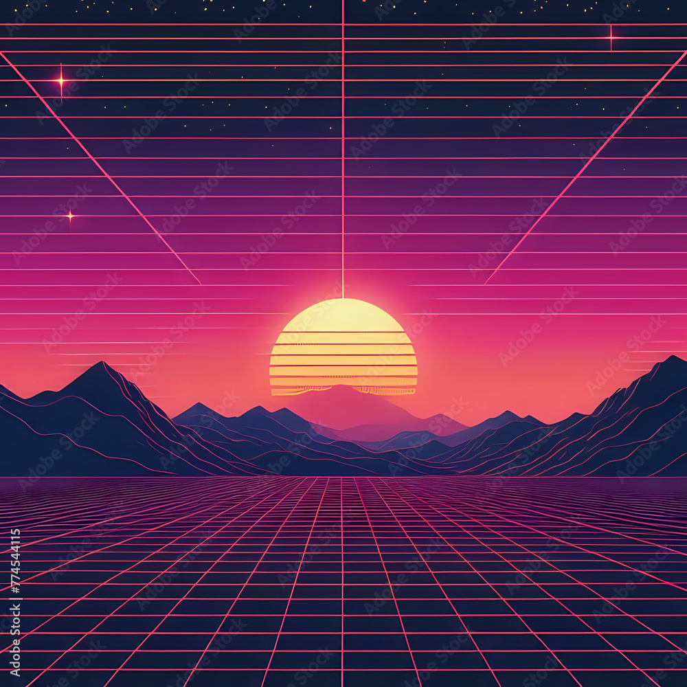 Retro background with laser grid, abstract landscape with sunset and ...