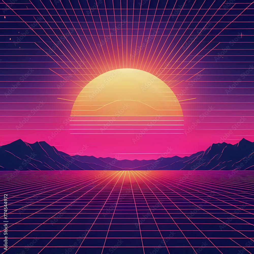 Retro background with laser grid, abstract landscape with sunset and ...