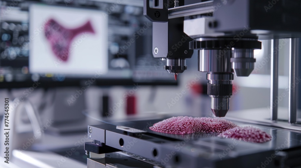 3D bioprinter printing human tissue, with a sample and a digital ...