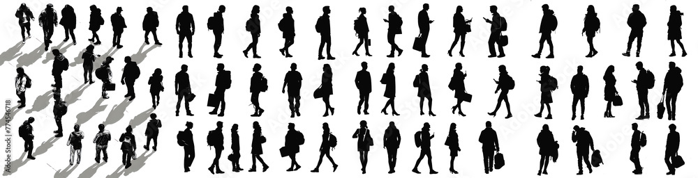 Collection of an axonometric view of varied black silhouettes of people ...