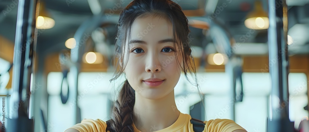 Asian woman focusing on her fitness and strength training while working ...