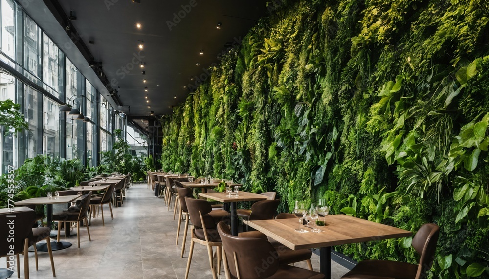 Eco-friendly cafe or restaurant interior with living green wall ...