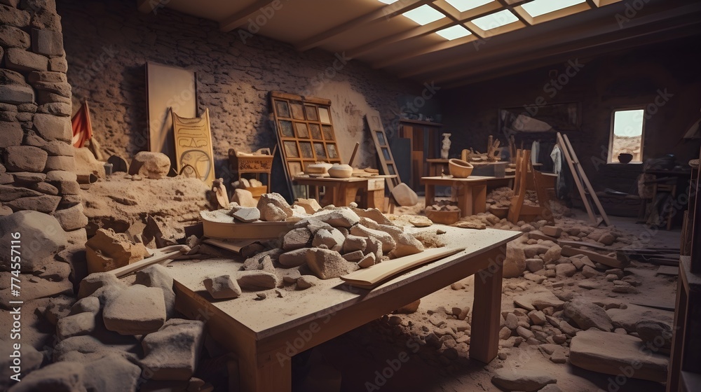An archaeology research facility with artifacts and excavation tools ...