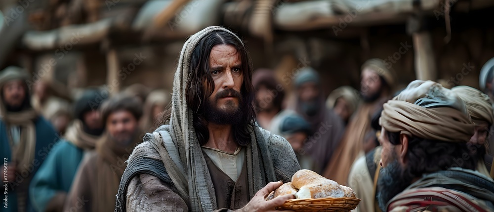 Jesus Christ handing out bread to the poor in a biblical scene of ...
