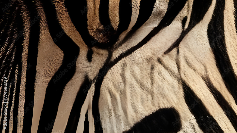 A zebra's skin displays an intriguing pattern of bold black and white ...