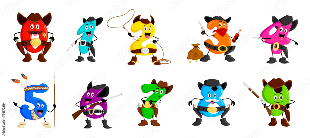 Cartoon math numbers, cowboy and ranger, sheriff and Indian chief ...