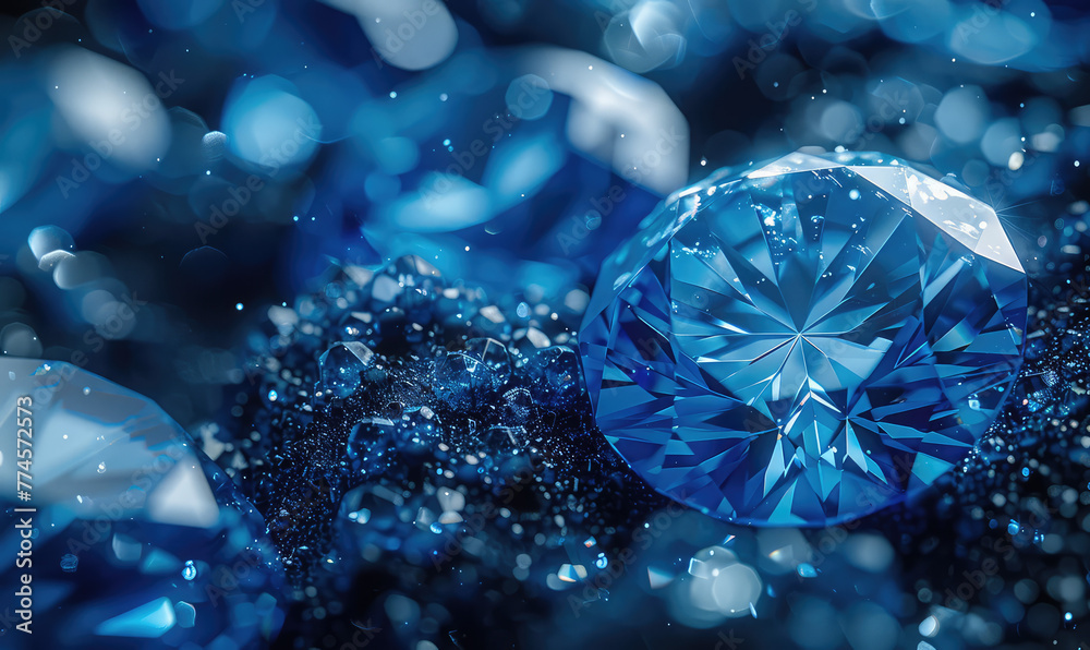 Beautiful blue diamonds on a black background with a bokeh effect ...