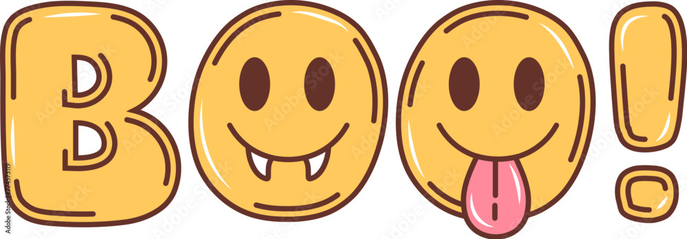 Cartoon retro groovy Halloween word boo with monster character smiling ...