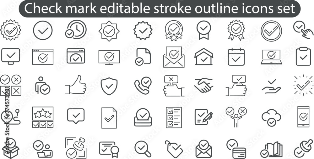 Check mark editable stroke outline icons set isolated on white ...