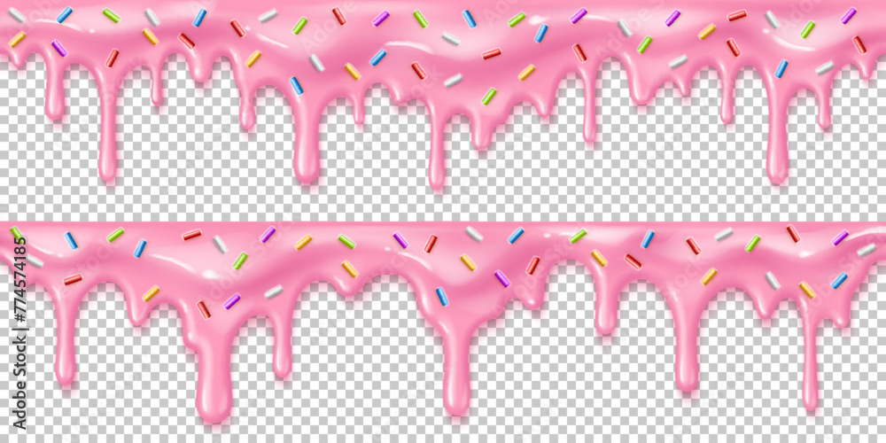 Realistic strawberry pink melting drip cream with candy sprinkles. 3d ...