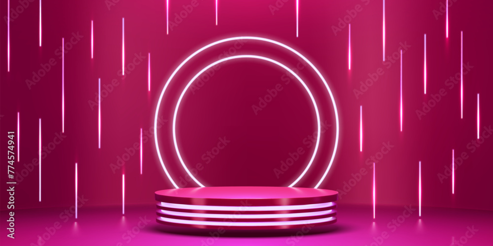 3d pink neon light product podium stage with glowing lights and ring ...