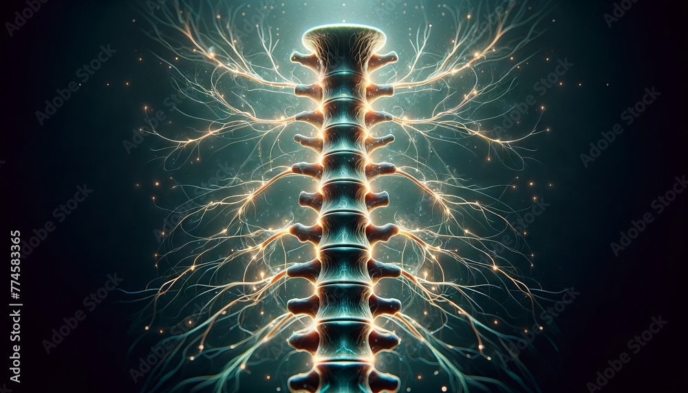 A cross-section of the spinal column with nerves lit up, emphasizing ... A cross-section of the spinal column with nerves lit up, emphasizing ...